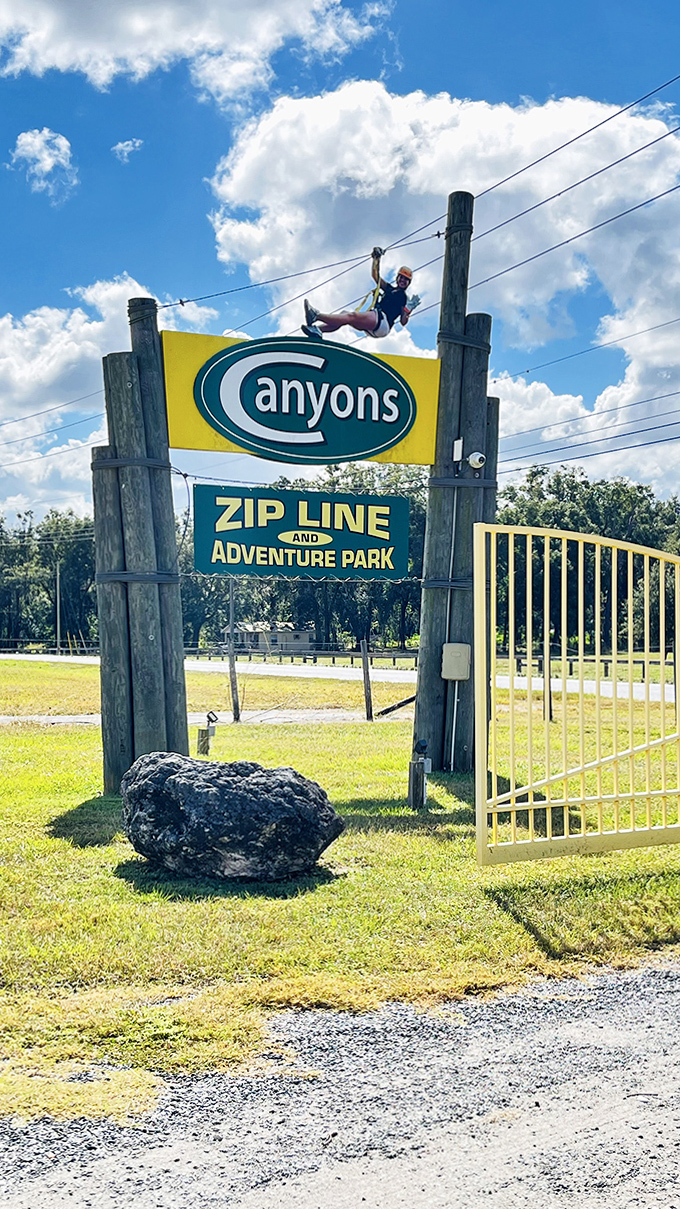 The ultimate photo op &ndash; soaring past the welcome sign while friends below capture your moment of airborne glory.