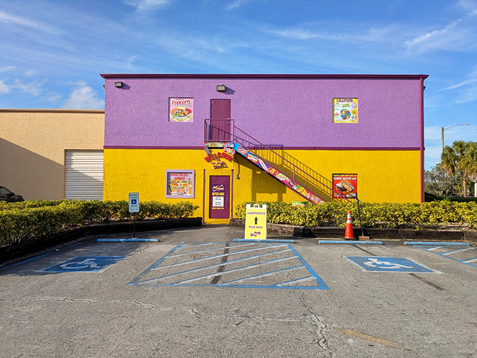 The back of the building is just as committed to the candy aesthetic as the front—there's no half-stepping when you're this serious about fun.