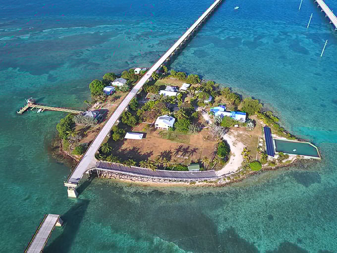 From above, Pigeon Key appears as a perfect tropical oasis, a green jewel set in a sea of blue, connected to the world by a thin concrete lifeline.