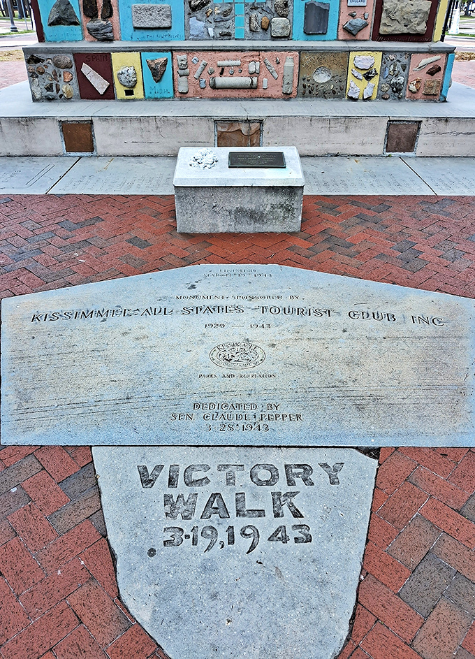 These foundation plaques reveal the monument's 1943 dedication date and its sponsorship by the Kissimmee All-States Tourist Club – history set in stone.