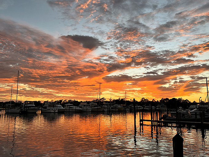 Nature's nightly masterpiece unfolds as the sun bids farewell, painting the harbor in hues no artist could fully capture.