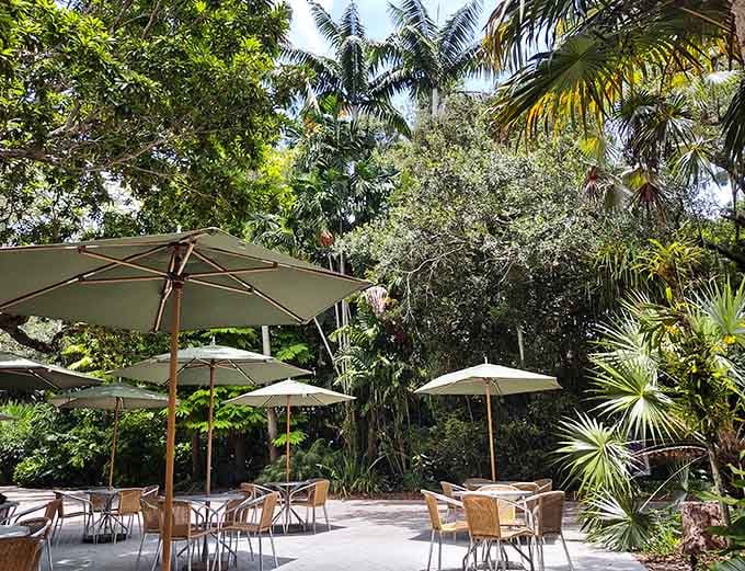 Umbrella-shaded tables offer dining with a view, where even a simple snack becomes an experience worth remembering fondly.