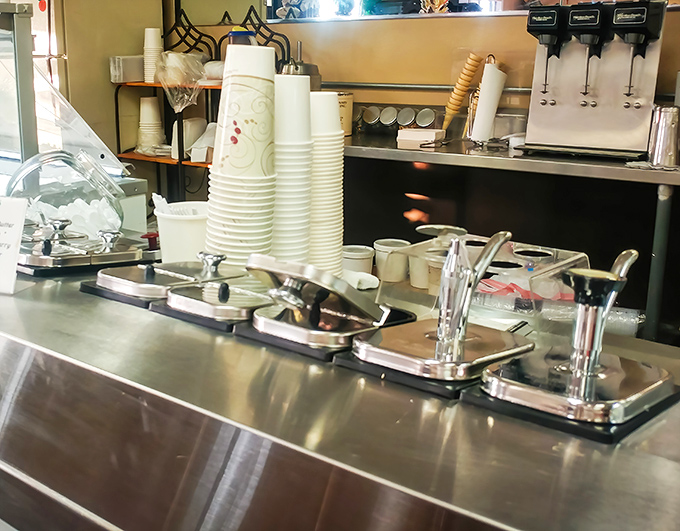 The ice cream service area stands ready for action – scooping happiness into cones and creating brain freezes worth experiencing.