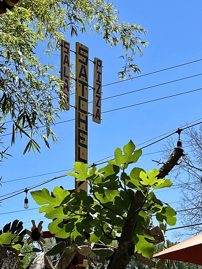 The vertical "Satchel's Pizza" sign stands tall against Florida's blue sky. A beacon for hungry souls seeking pizza with personality.