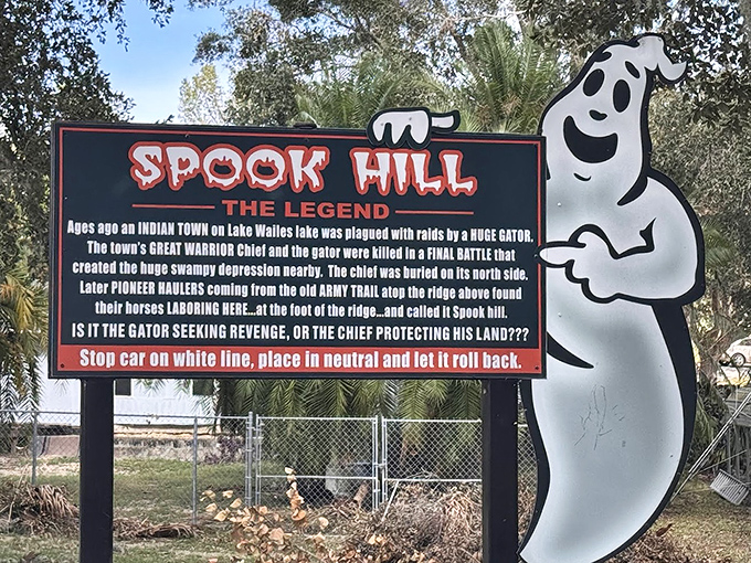 The full story revealed &ndash; this detailed sign explains the legendary battle between chief and alligator that supposedly created Spook Hill's mysterious forces.