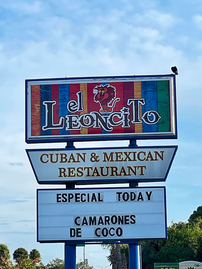 "Camarones de Coco" shines on the marquee&mdash;El Leoncito's daily specials board tempts passersby with promises of coconut shrimp delights.