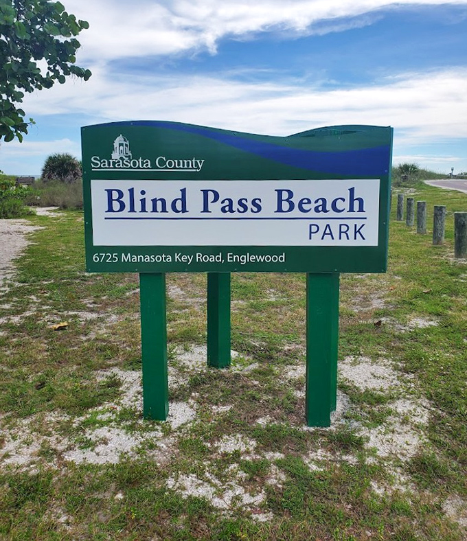 The official welcome to shell paradise – Sarasota County's sign marks the entrance to one of Florida's best-kept shelling secrets.