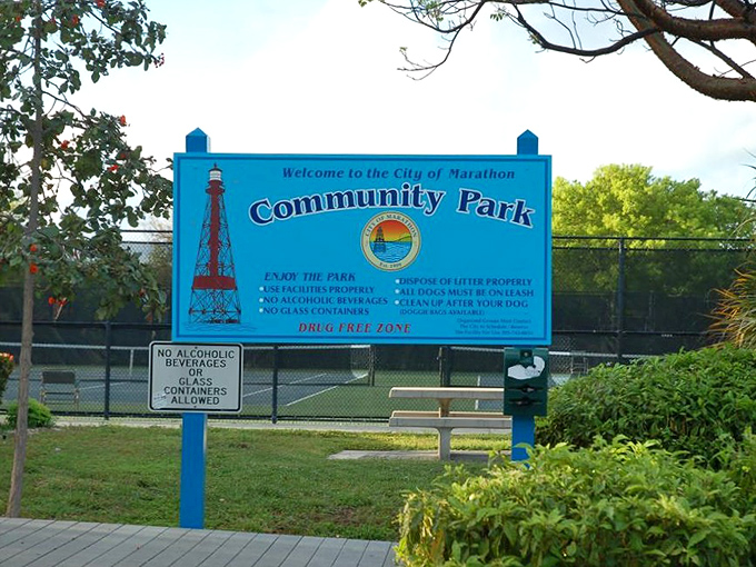 Signage The welcoming blue sign stands as gatekeeper to countless memories, its lighthouse logo promising safe harbor for recreation seekers of all ages.
