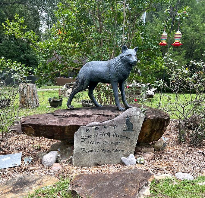 A striking wolf statue stands as guardian of the preserve's entrance, a powerful symbol of the wild beauty awaiting visitors inside.