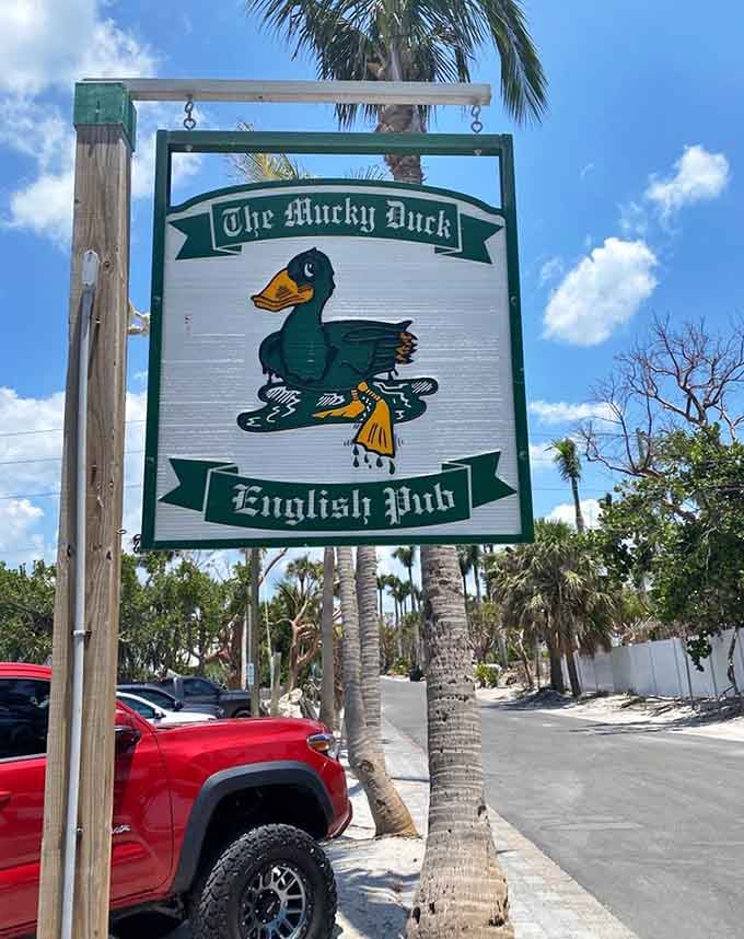 The Mucky Duck sign features a skating waterfowl that perfectly captures the restaurant's playful spirit and refusal to take itself too seriously.