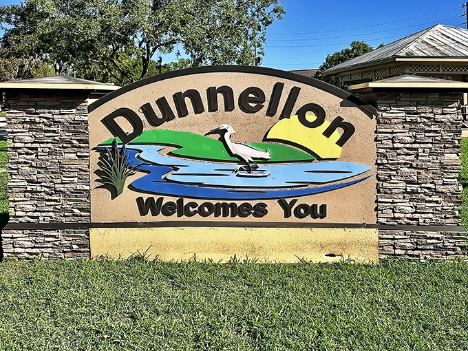 Dunnellon's welcome sign features their most famous resident &ndash; the great blue heron &ndash; standing proudly against water and sky.