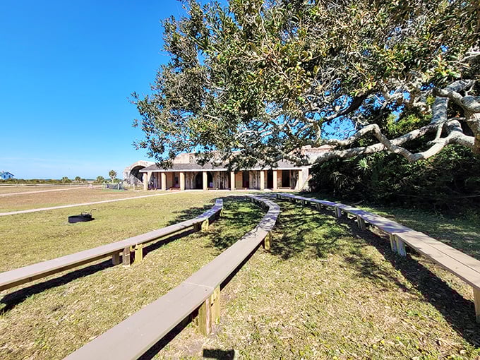 These wooden benches offer front-row seats to nature's theater, where the Gulf breeze carries stories spanning centuries of coastal drama.