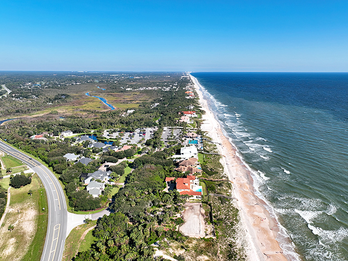 Bird's-eye brilliance: Mickler's Landing from above reveals the perfect balance of wild shoreline and coastal community.