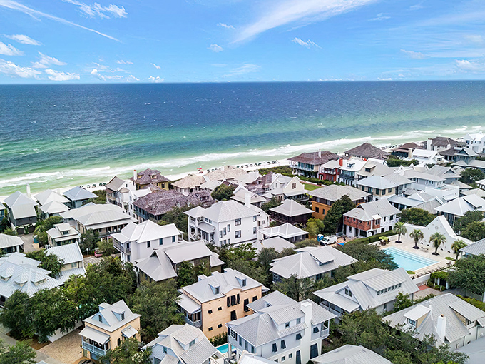 Pathways wind through lush landscaping, connecting neighborhoods to beaches in a town designed for wandering without a destination.