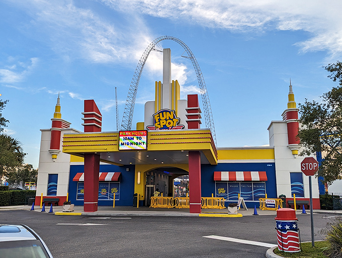 The retro-styled entrance channels 1950s optimism with a splash of carnival flair. Walking through these gates is like stepping into your childhood's highlight reel.