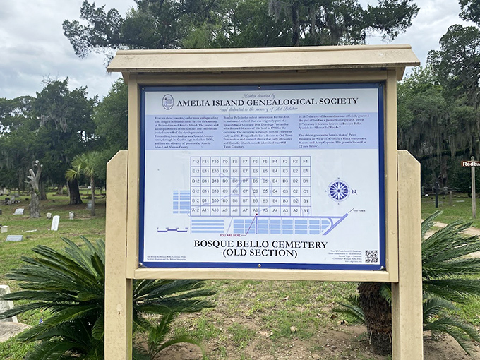 The Amelia Island Genealogical Society helps visitors navigate this outdoor museum of local history, mapping stories written in stone.