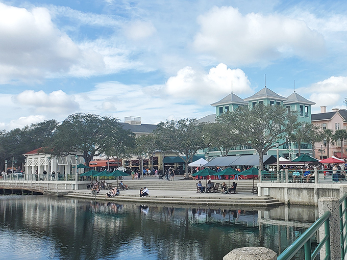 The perfect backdrop: Celebration's waterfront setting adds tranquility to market day, with architecture reflecting in the still lake waters.