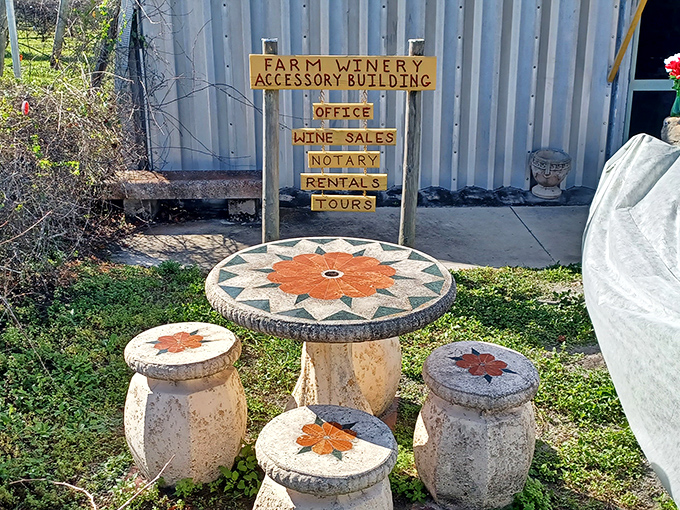 Mosaic-topped tables and stone stools create an inviting outdoor space to savor unusual wines while surrounded by Florida's natural beauty.