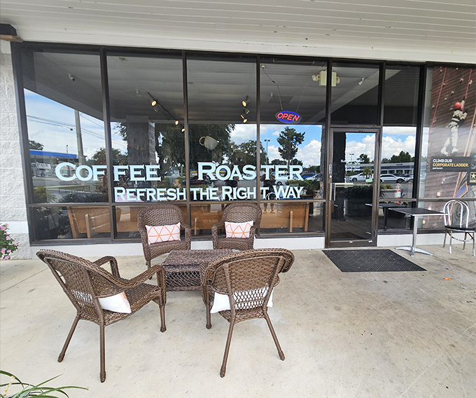 The outdoor seating area offers a perfect spot to enjoy Florida's pleasant days while sipping on expertly crafted coffee creations.