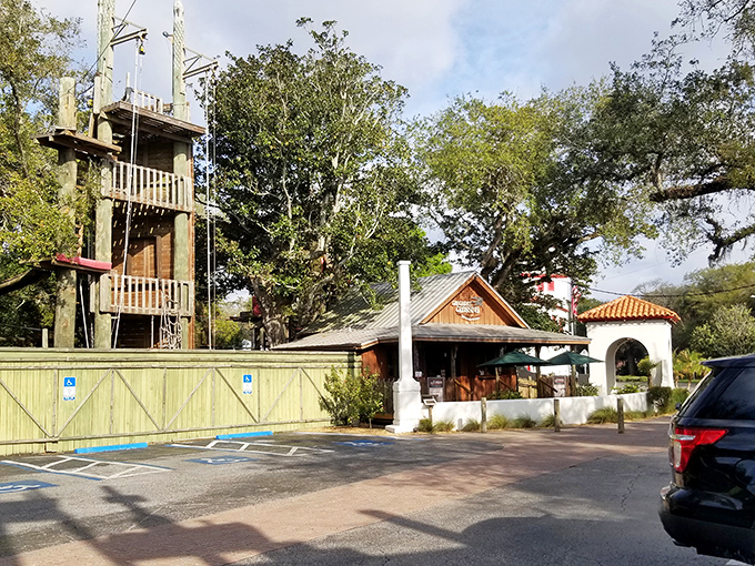 Adventure awaits! The park's entrance promises a perfect blend of education and excitement, with zipline towers looming above the tropical landscape.