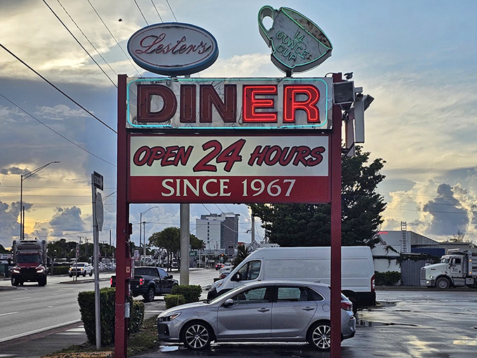 The vintage sign proudly proclaims "OPEN 24 HOURS SINCE 1967"&mdash;a testament to feeding generations of Fort Lauderdale residents and visitors at any hour they please.