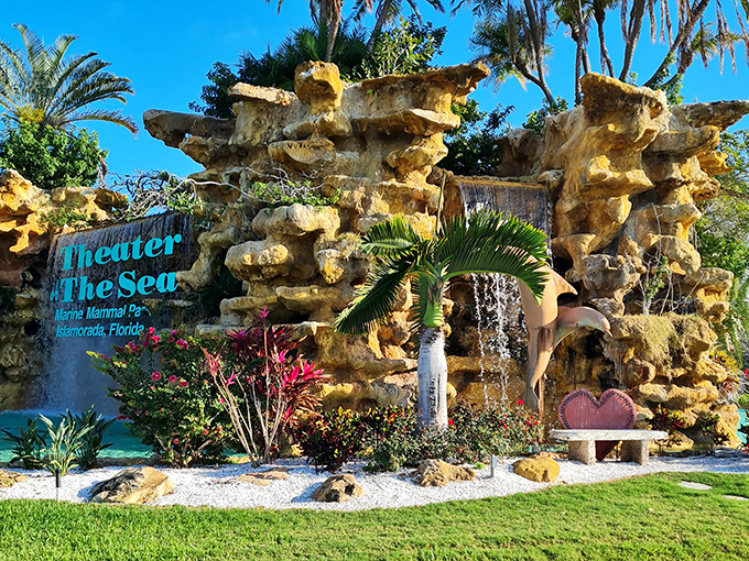 The Theater of the Sea sign, carved into natural limestone, has welcomed generations of visitors seeking authentic Florida marine experiences.