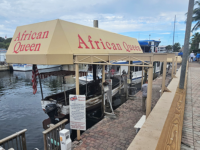 Under the distinctive canopy, this floating piece of cinematic history awaits its next crew of temporary time travelers.