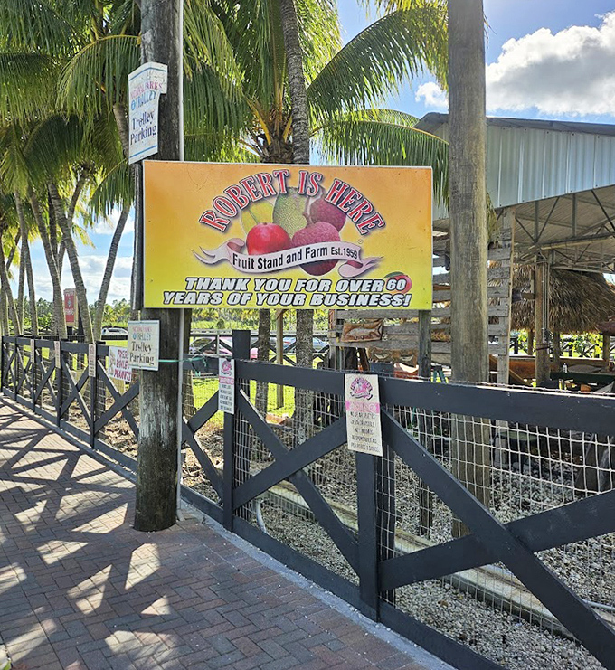Sixty years and counting! This cheerful sign welcomes visitors to a Florida institution where tropical fruit and friendly animals have created memories for generations.