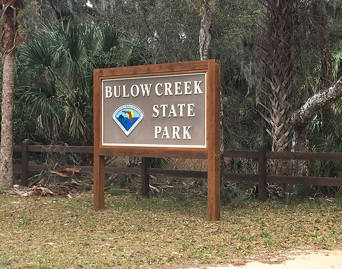 The welcoming entrance sign to Bulow Creek State Park, where 5,600 acres of natural Florida await just beyond the threshold.