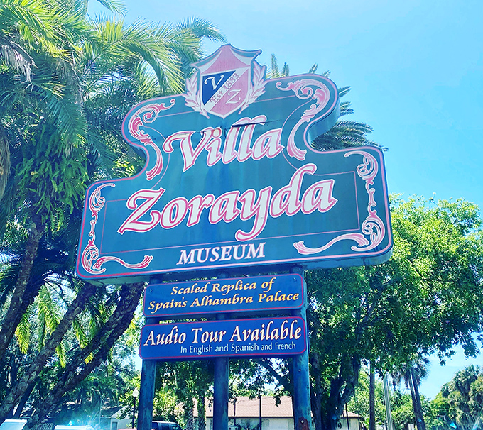 The iconic Villa Zorayda sign welcomes visitors to this scaled replica of Spain's Alhambra Palace, promising exotic wonders within.