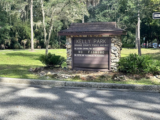 Kelly Park's welcome sign &ndash; the gateway to adventures that will become stories told for years to come.