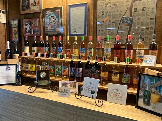 Wine varieties display: A rainbow of bottles showcases the incredible diversity of fruit wines &ndash; from deep reds to golden ambers and everything between.
