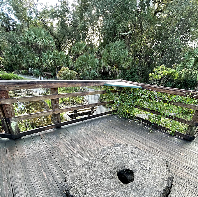 This wooden observation deck features a mysterious stone circle &ndash; either an ancient artifact or nature's version of a conversation pit.