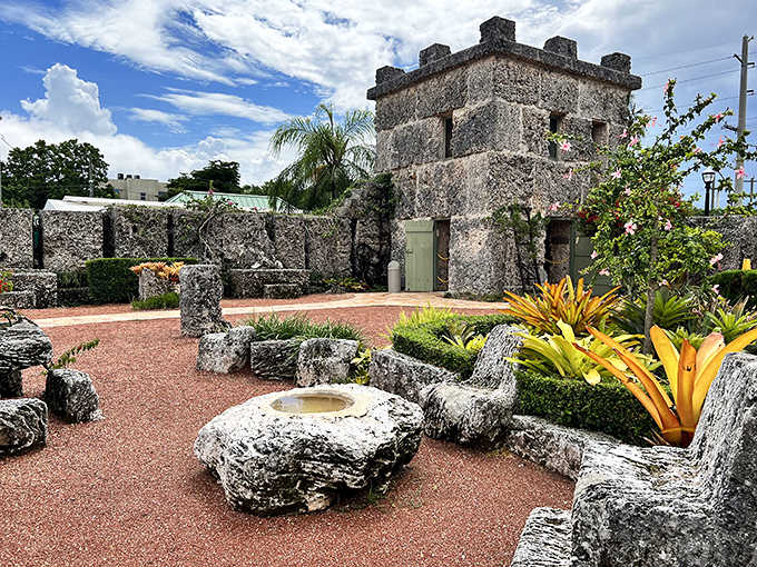 Coral Castle's mysterious stone structures gleam under the Florida sun, showcasing the builder's incredible craftsmanship and engineering puzzle.