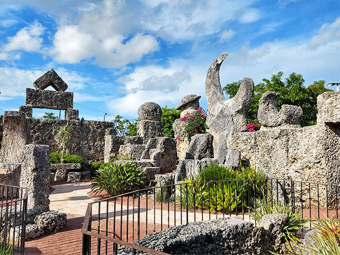 Coral Castle's mysterious stone structures reach toward the sky, a puzzle of massive coral blocks that still baffles engineers today.