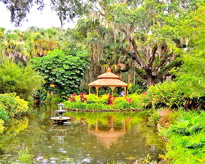 A wooden gazebo perches on a tiny island, surrounded by mirror-like waters reflecting the lush greenery of Wakulla Springs.