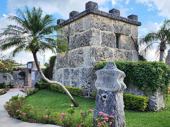 The entrance to Coral Castle features a massive coral rock gate that somehow pivots with just a light touch &ndash; one of Florida's most enduring mysteries!