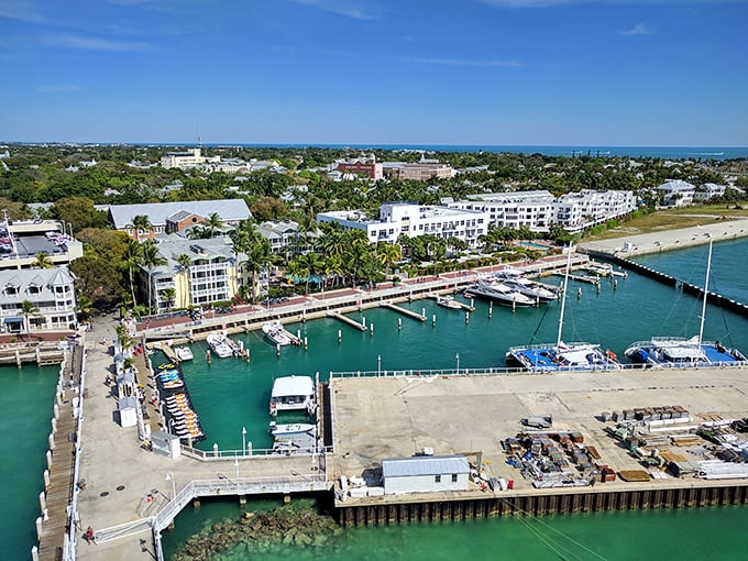 The harbor at Key West showcases the island's blend of charming architecture and boating culture, with the azure waters that make the Keys famous.