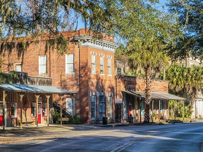 Brick buildings and charming awnings line Micanopy's main street, inviting families to explore the shops and soak in small-town atmosphere.