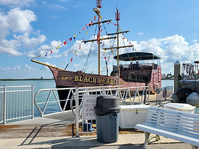 Docked and ready for adventure, this pirate vessel awaits its next crew of landlubbers eager to transform into salty sea dogs.