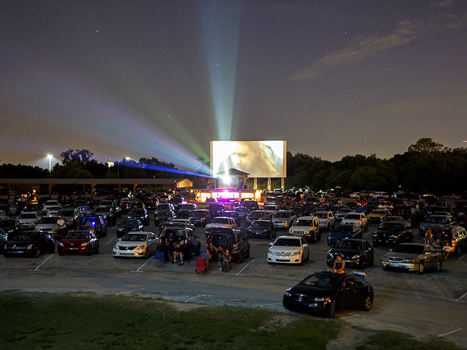 Movie night magic! Cars gather under the starlit sky as the Silver Moon's powerful projector beam cuts through the darkness.