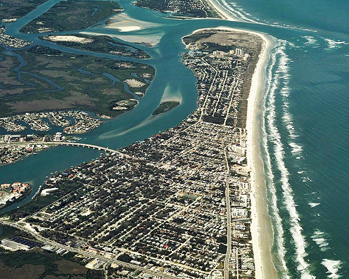 A bird's-eye view reveals Port Orange's perfect positioning &ndash; nestled between waterways and beaches, a hidden gem on Florida's Atlantic coast.