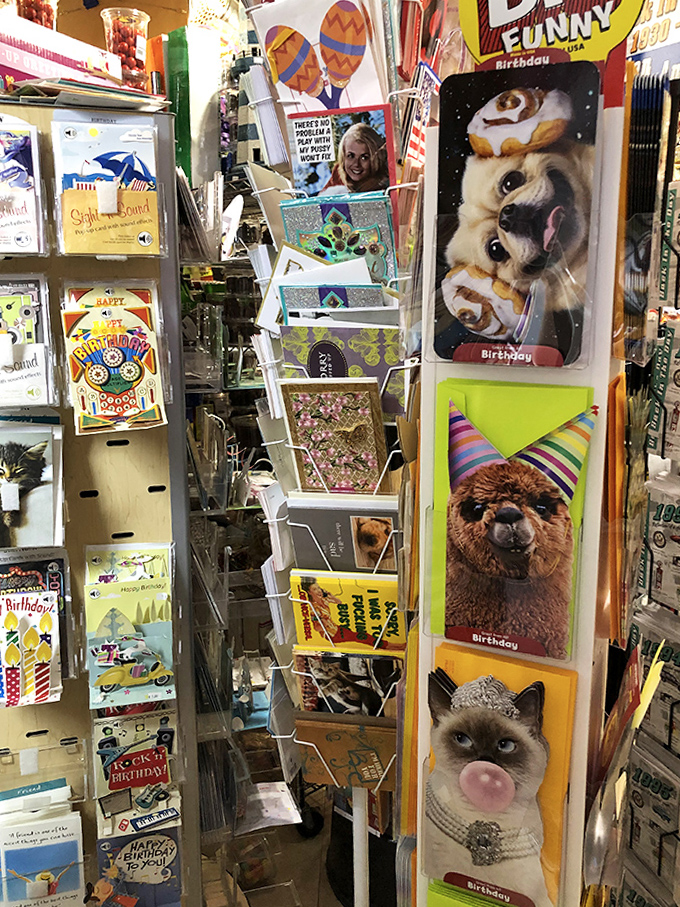 A rotating display of greeting cards ranges from heartfelt to hilariously inappropriate – perfect for friends who appreciate humor with their sentiments.