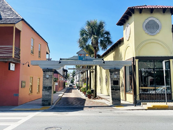 Aviles Street's entrance arches welcome visitors like a doorway between centuries, marking the transition from modern Florida into a Spanish colonial time capsule.