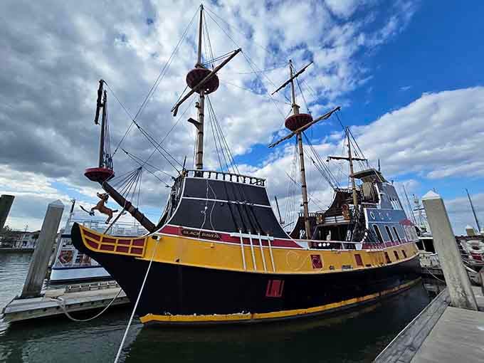Up close, every detail of this magnificent vessel tells a story, from the weathered wood to the carefully crafted rigging overhead.
