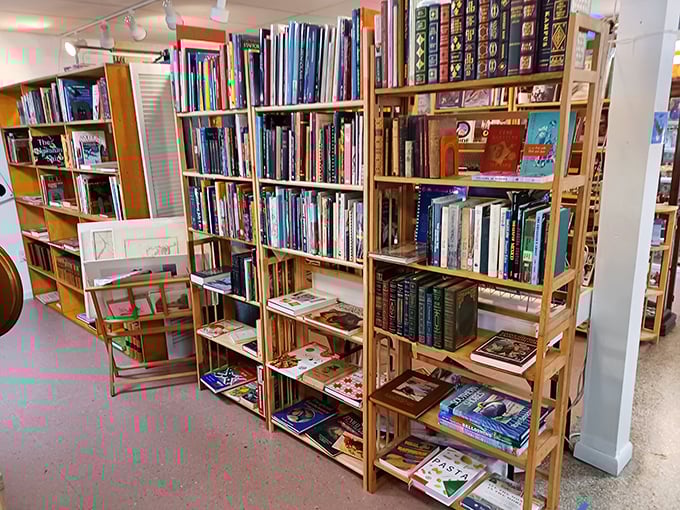 Literary treasures line these wooden shelves, each book a doorway to another time, waiting for curious hands to discover forgotten stories.