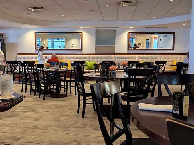 Clean lines and comfortable seating create an inviting space that's fancy enough for celebrations, casual enough for flip-flops.