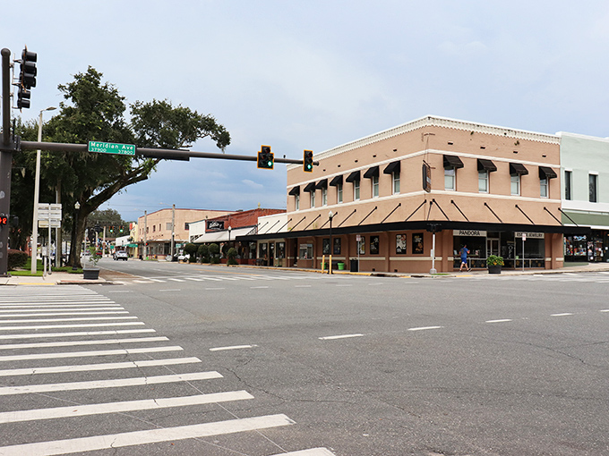 Downtown Dade City's intersection captures the essence of small-town Florida charm with its well-preserved architecture and inviting storefronts.