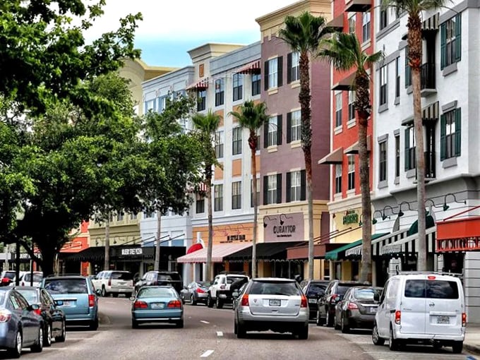 Pastel-colored buildings line the main street where palm trees sway and local shops invite unhurried exploration of small-town treasures.