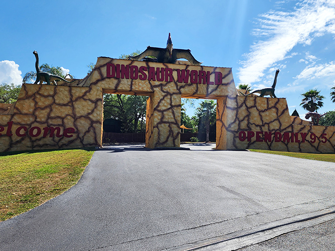 The iconic entrance to Dinosaur World promises adventure without the pesky "running for your life" part of actual Jurassic experiences.